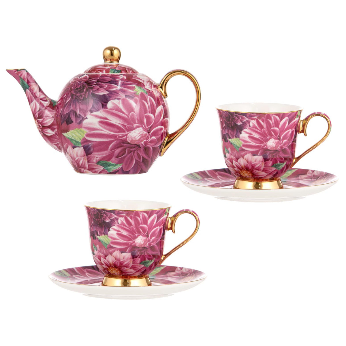 Bold Blooms Pink Dahlia Teapot & 2 Teacup Set – Ashdene
